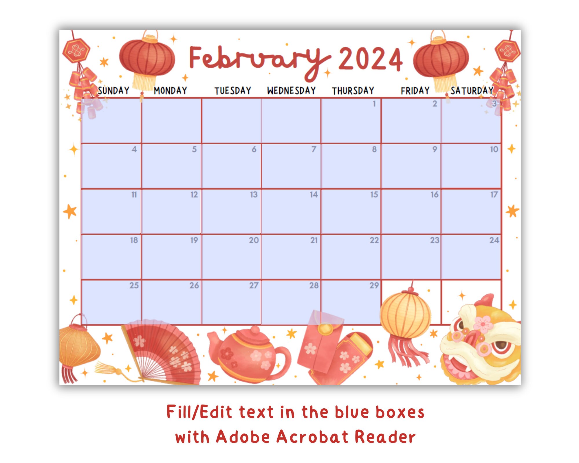EDITABLE February 2024 Calendar Printable Chinese New Year - Etsy