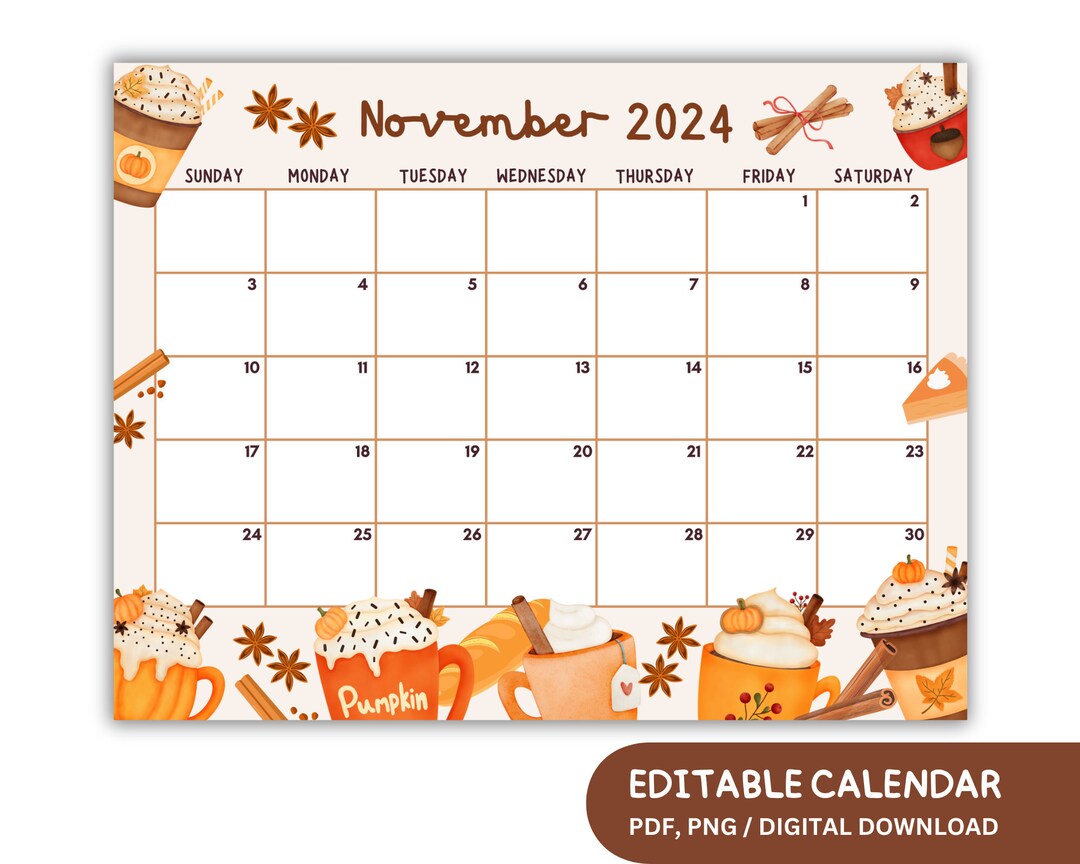 EDITABLE November 2024 Printable Calendar, Coffee Calendar, Fall Autumn ...