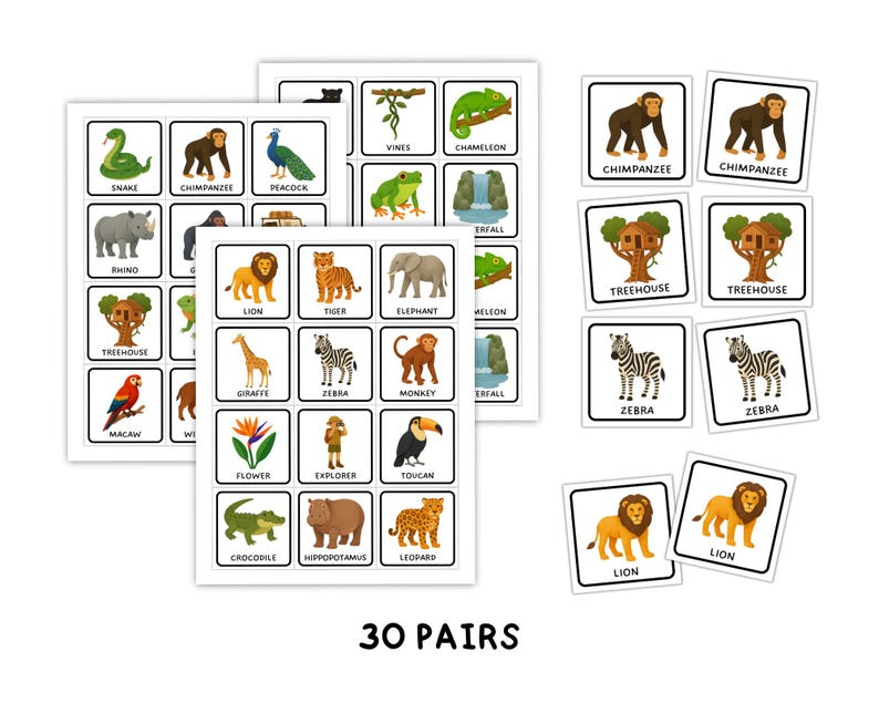 Jungle Memory Matching Game Printable, Jungle Animal Cards, Safari ...