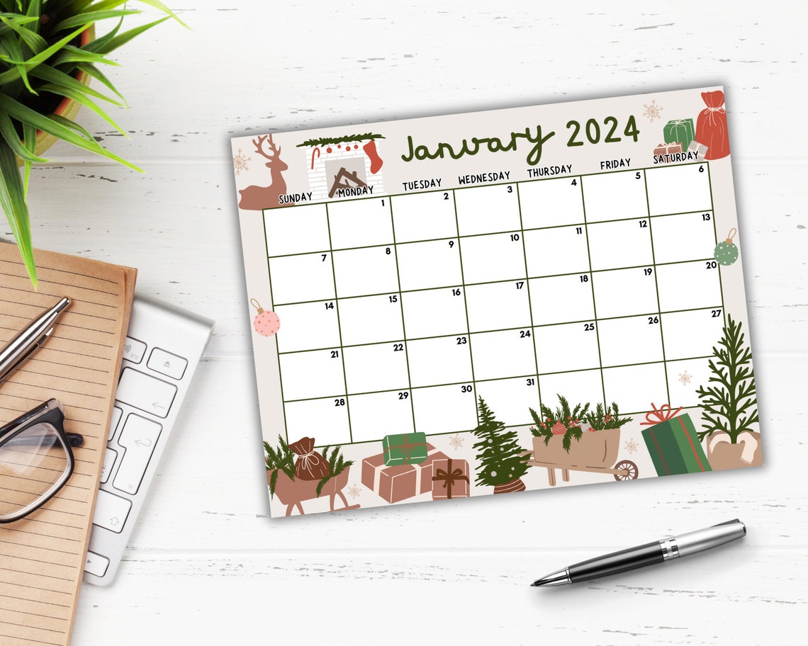 EDITABLE January 2024 Calendar Printable, Boho Calendar 2024, New Year ...