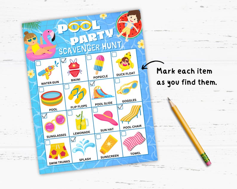 Pool Party Scavenger Hunt Game, Printable Summer Swimming Activity for ...