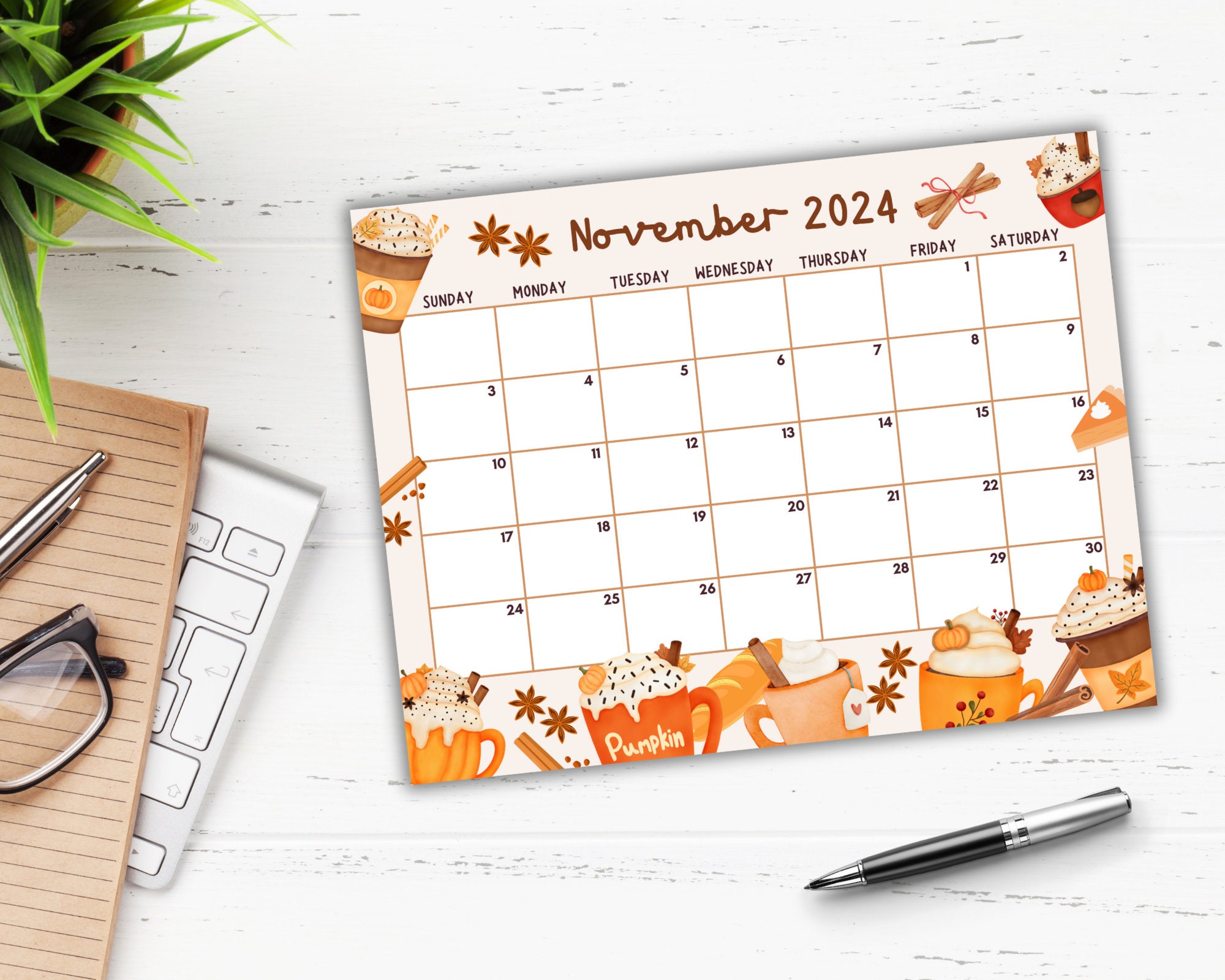 EDITABLE November 2024 Printable Calendar, Coffee Calendar, Fall Autumn ...