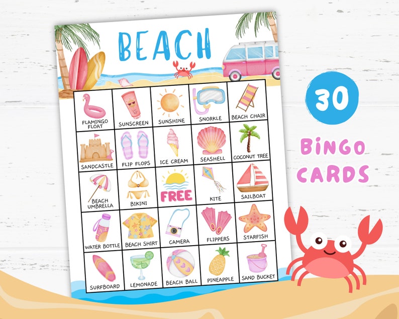 Beach Bingo Cards Printable, Beach Activity Games, Beach Theme Party ...