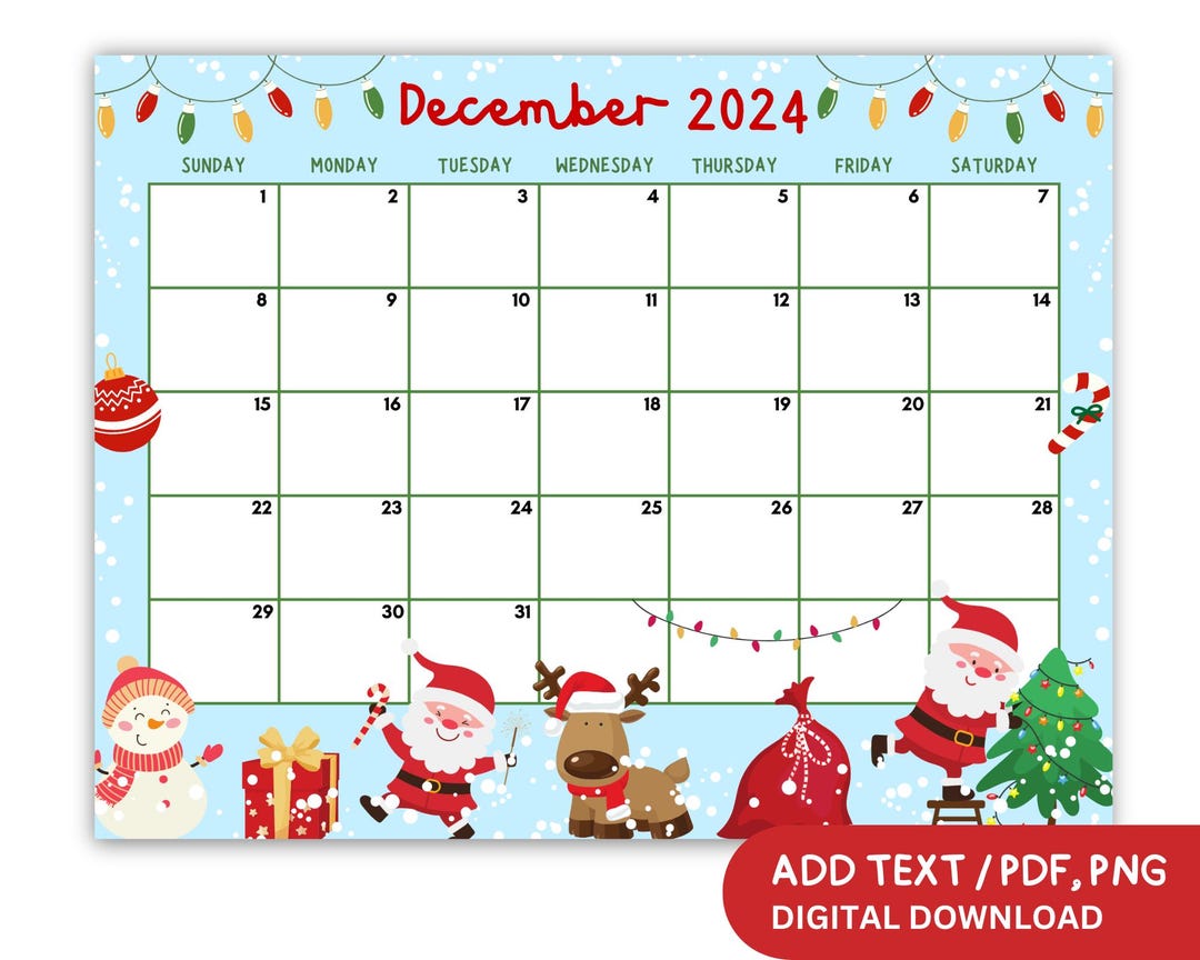 Calendario imprimible de diciembre de 2024 editable, lindo calendario ...
