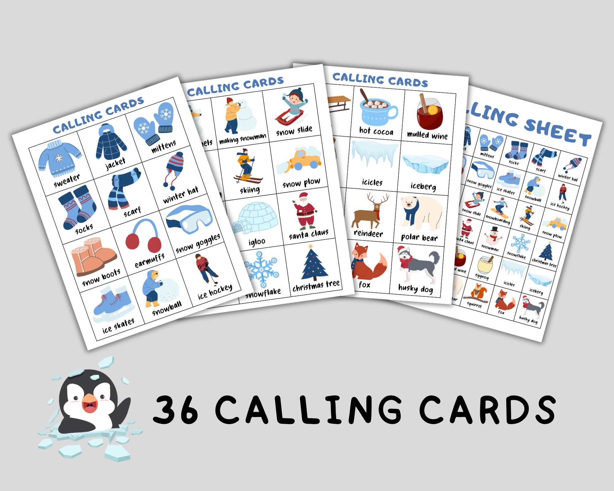 Winter Bingo Cards Printable, Penguin Bingo, Christmas Bingo Cards ...