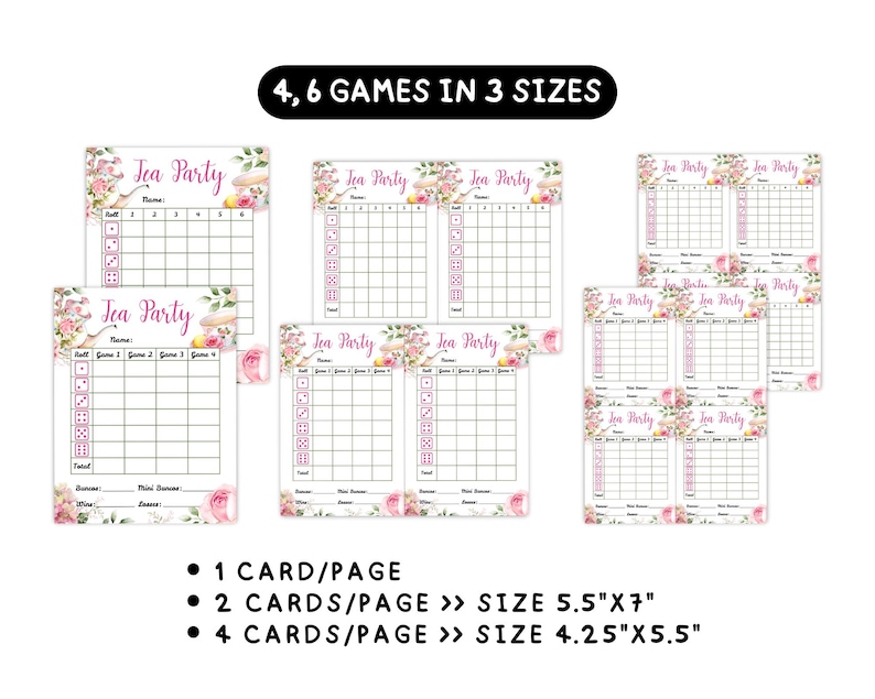 Tea Party Bunco Score Card Printable 4 and 6 Games, Tally Sheets, Tea ...