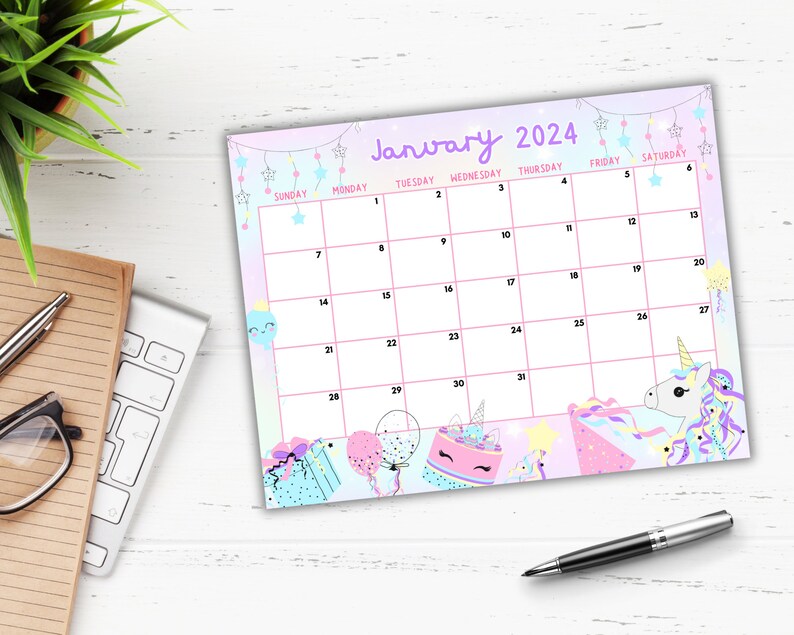 EDITABLE January 2024 Calendar Printable, Unicorn Calendar 2024, Cute ...