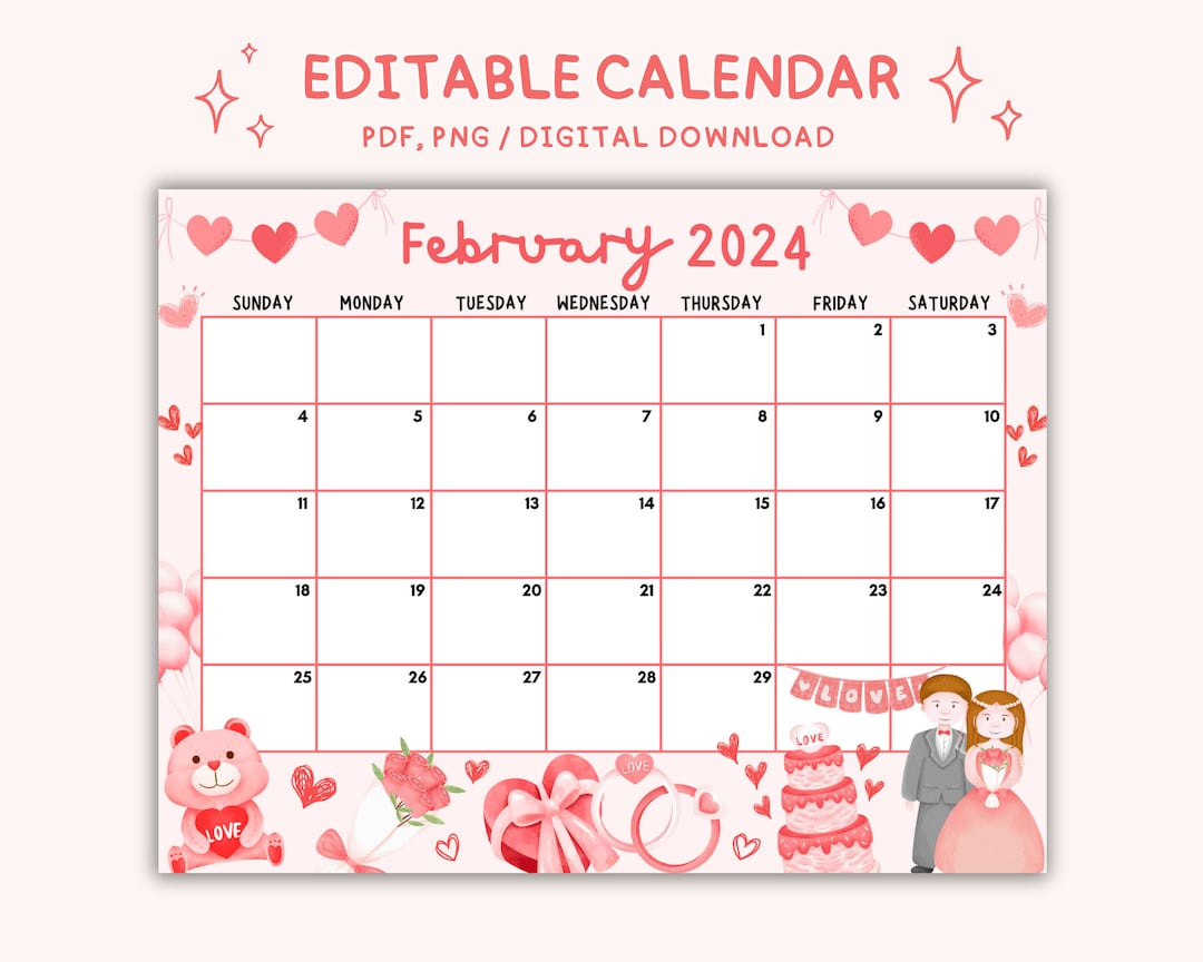 EDITABLE February 2024 Calendar Printable, Married Couple Calendar ...