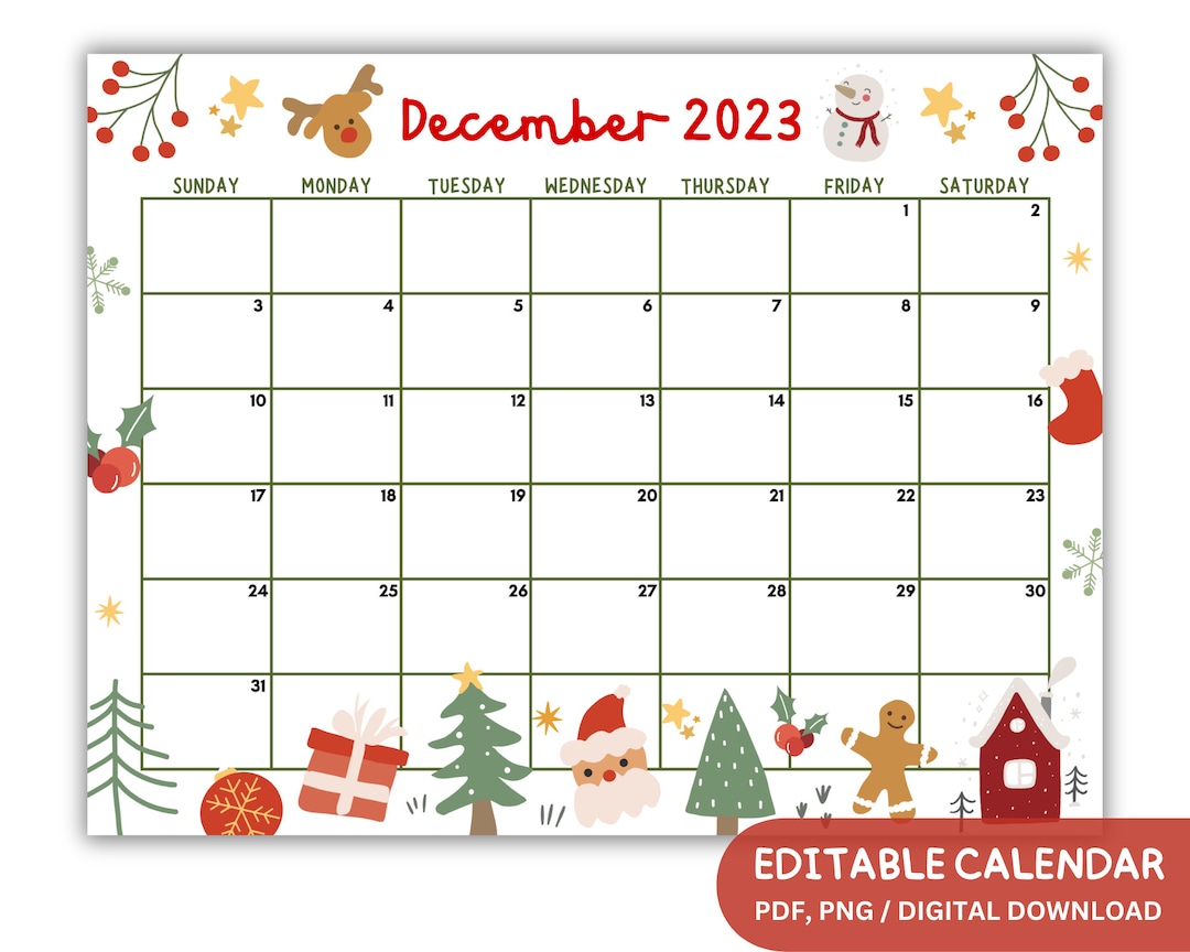 EDITABLE December 2023 Printable Calendar, Cute Christmas Calendar ...