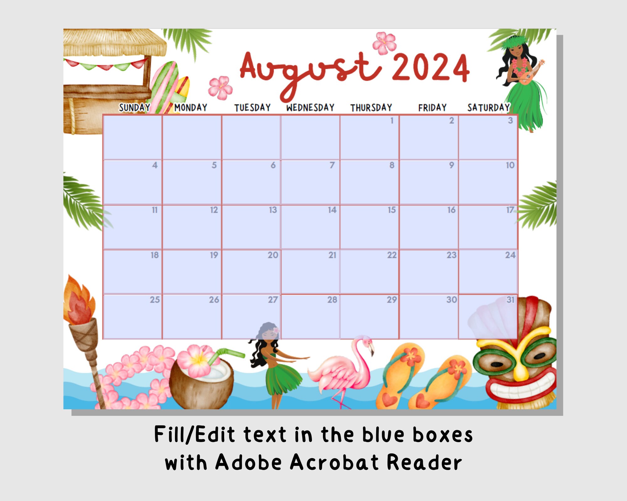 EDITABLE August 2024 Calendar Printable, Summer Calendar 2024, Aloha ...