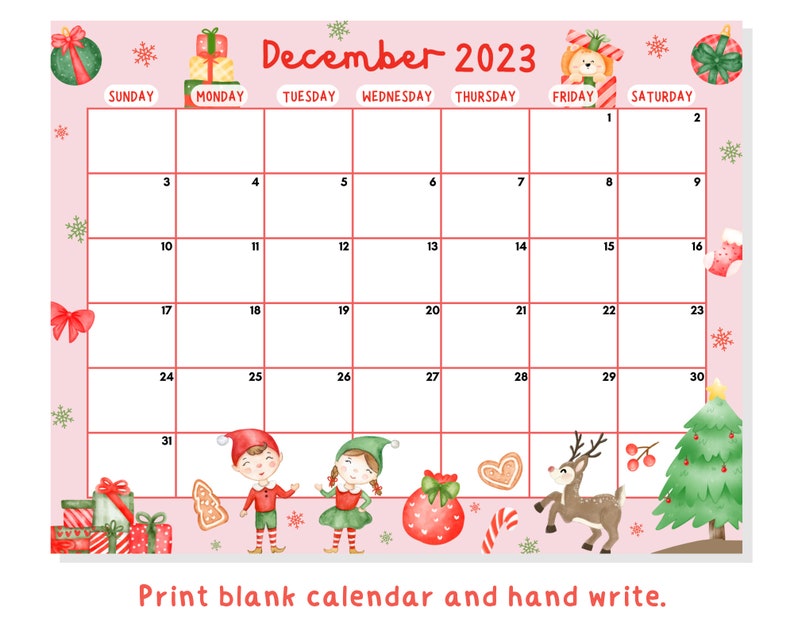 EDITABLE December 2023 Printable Calendar, Pink Elf Calendar Printable ...