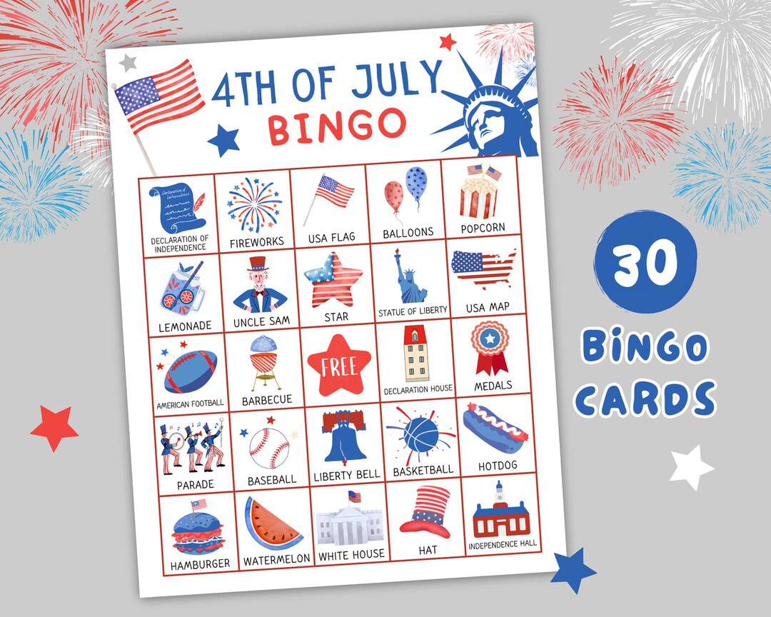 4th of July Bingo Cards Printable, 4th of July Party Games, 4th of July ...