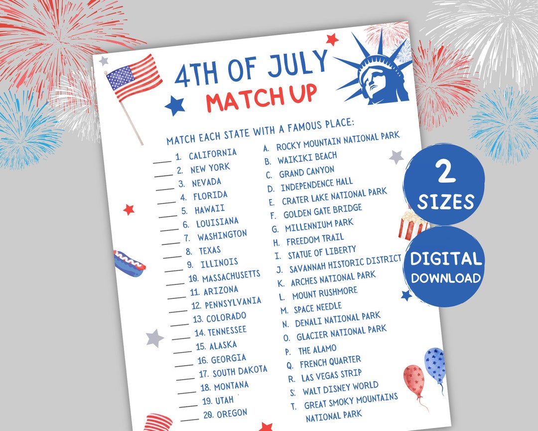 4th of July Match up Game Digital, Fourth of July Party Games Printable ...