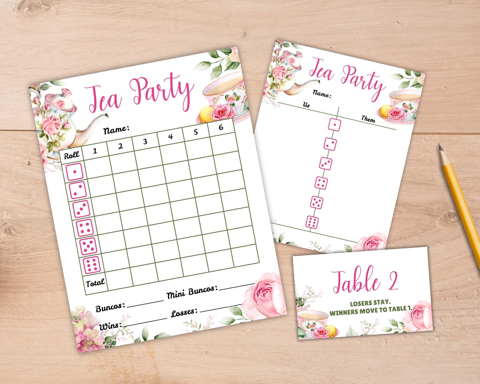 Tea Party Bunco Score Card Printable 4 and 6 Games, Tally Sheets, Tea ...