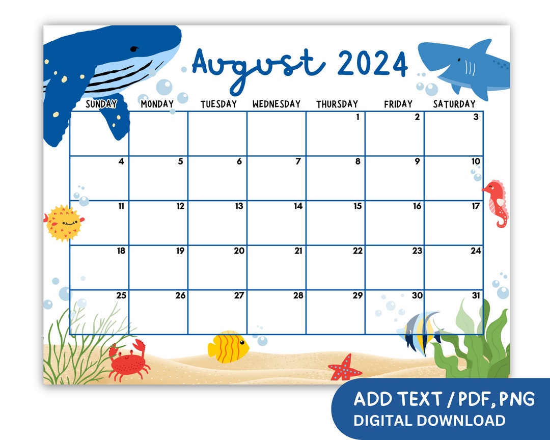 EDITABLE August 2024 Calendar Printable, Summer Calendar 2024 Printable ...