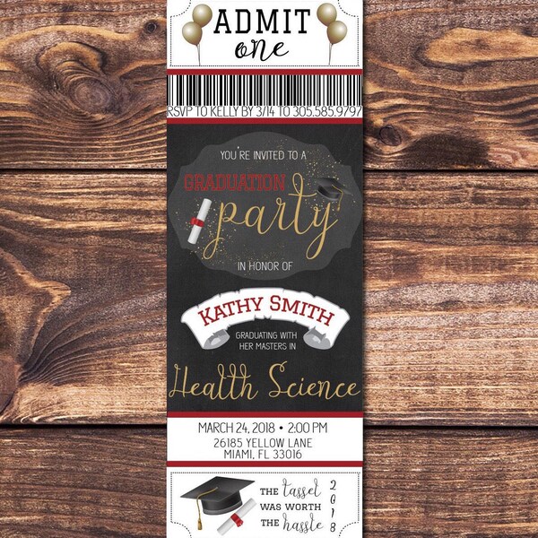 Graduation Ticket Invite Black & Gold Graduation Party Ticket ...