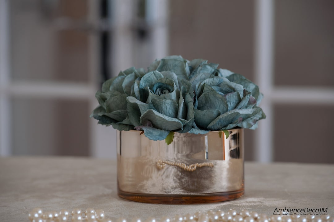 Arreglo de rosas de seda azul aqua-Centro de mesa de flores de seda ...