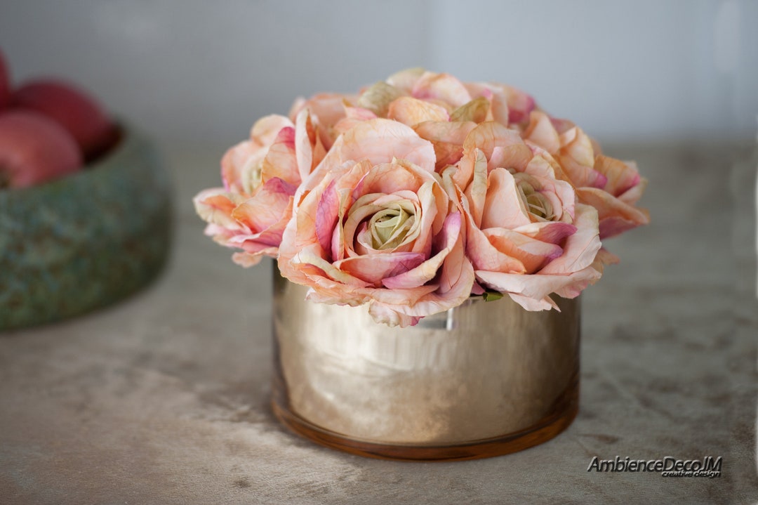 Silk Tea Rose Table Decor. Artificial Rose Arrangement in a Gold Bowl ...