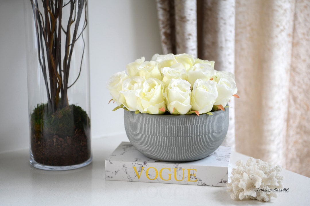 Silk Rose Table Arrangement: Contemporary White Roses in Grey Ceramic ...