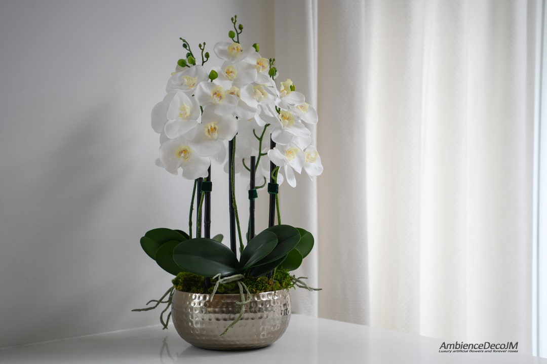 Real Touch White Orchid Arrangement - Artificial Orchids in a Dimpled ...