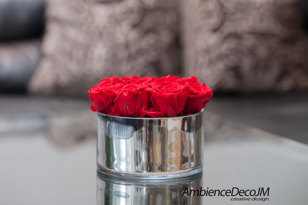 Infinity Red Rose Arrangement- Forever Rose Centerpiece in Silver Bowl ...
