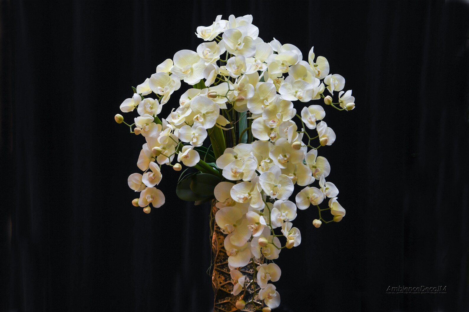 Real Touch Cream Orchid Arrangement in a Designed Metal Vase. Faux ...