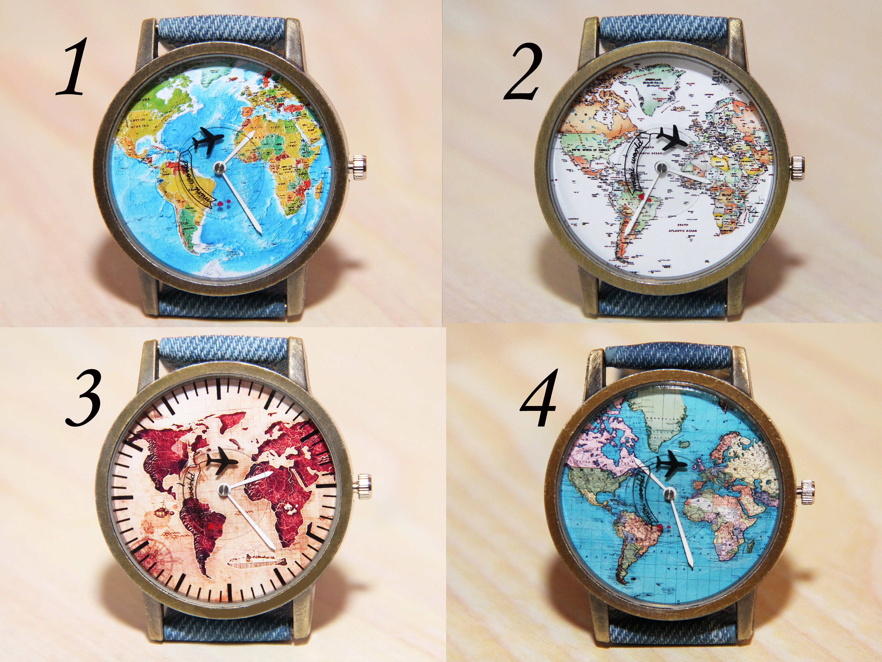 Wristwatch World Map, Denim Watch, Travel Clock, Wrist Watch Airplane ...