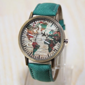 Wristwatch World Map, Mens Watch, Women's Watch, Green World Watch ...