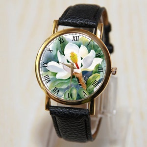 Wrist Watch Magnolia, Watch Flowers, Women's Watches, Leather Watches ...