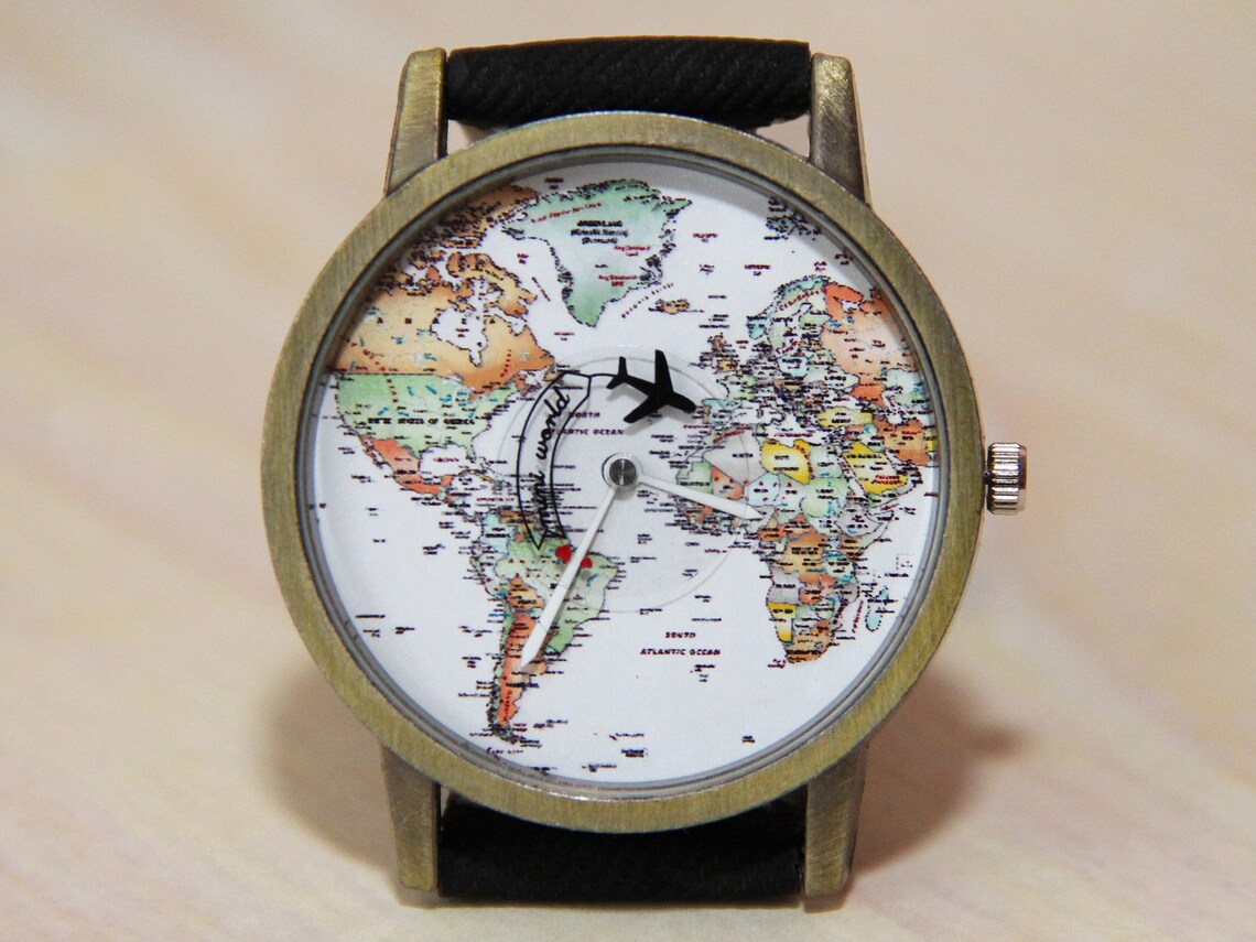 Wristwatch World Map, Denim Watch, Travel Clock, Wrist Watch Airplane ...