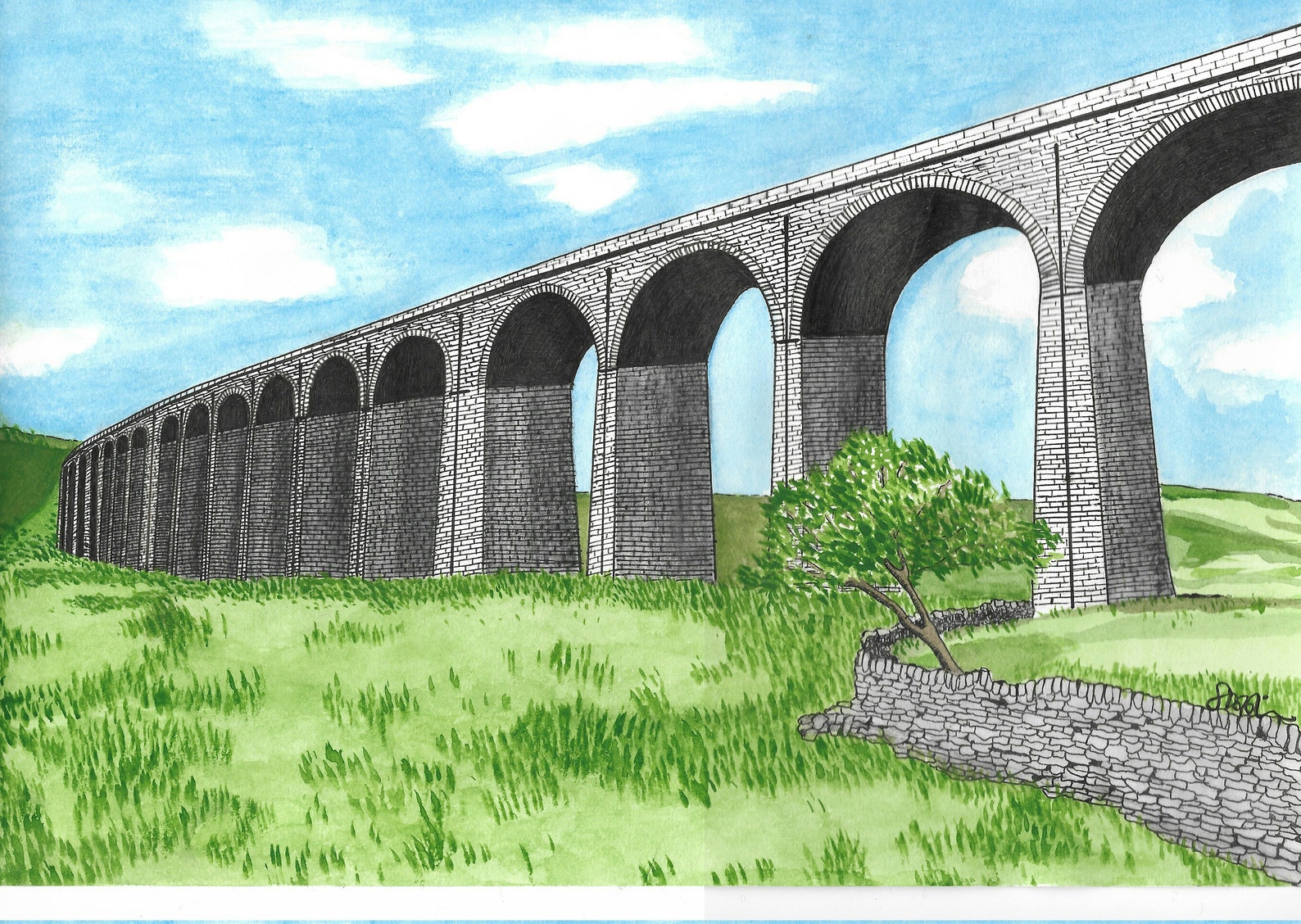 Yorkshire Viaduct Ribblesdale Art Print/a4 Landscape Countryside ...