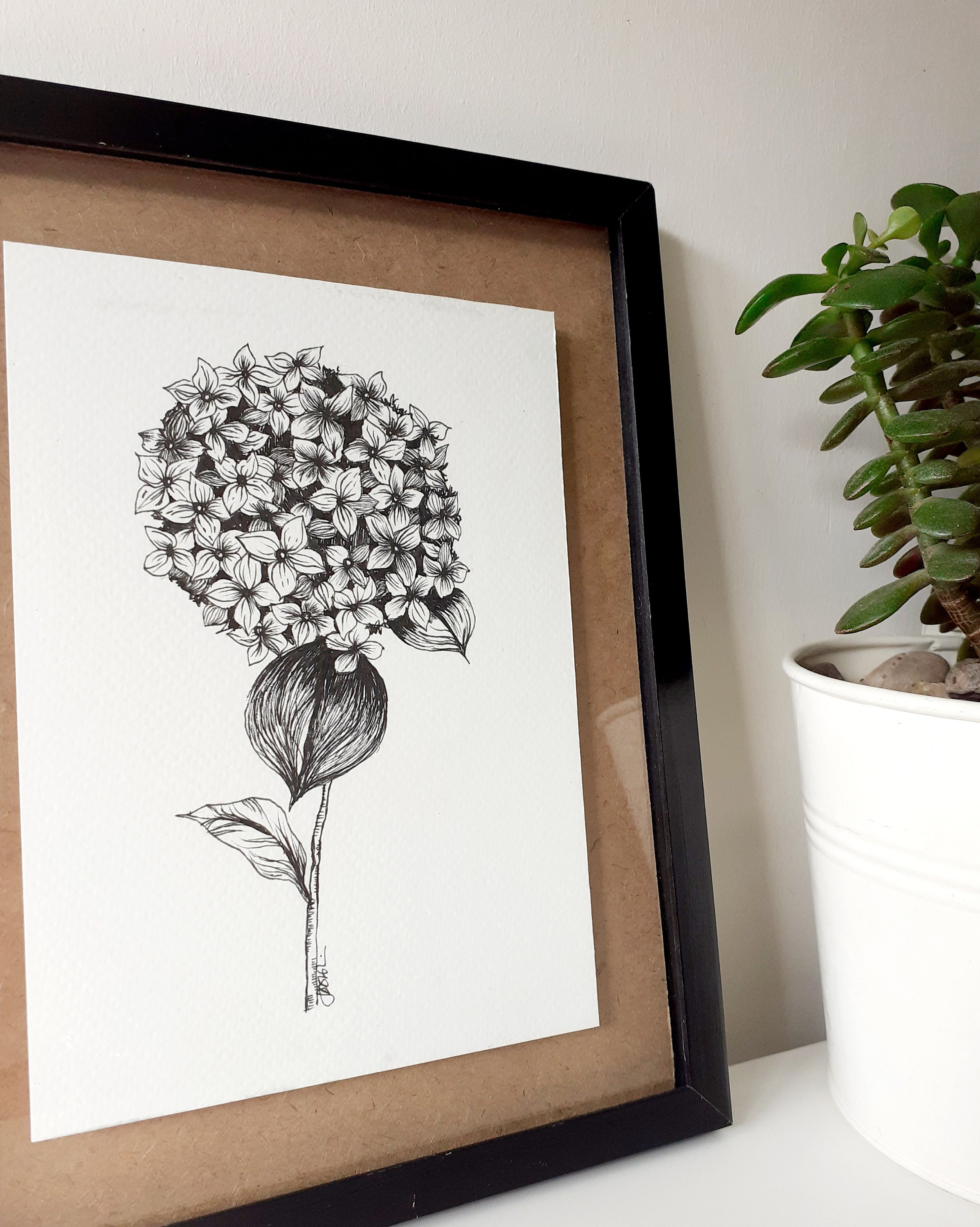 Hydrangea Flower Drawing/ink Sketch/monochrome /floral | Etsy