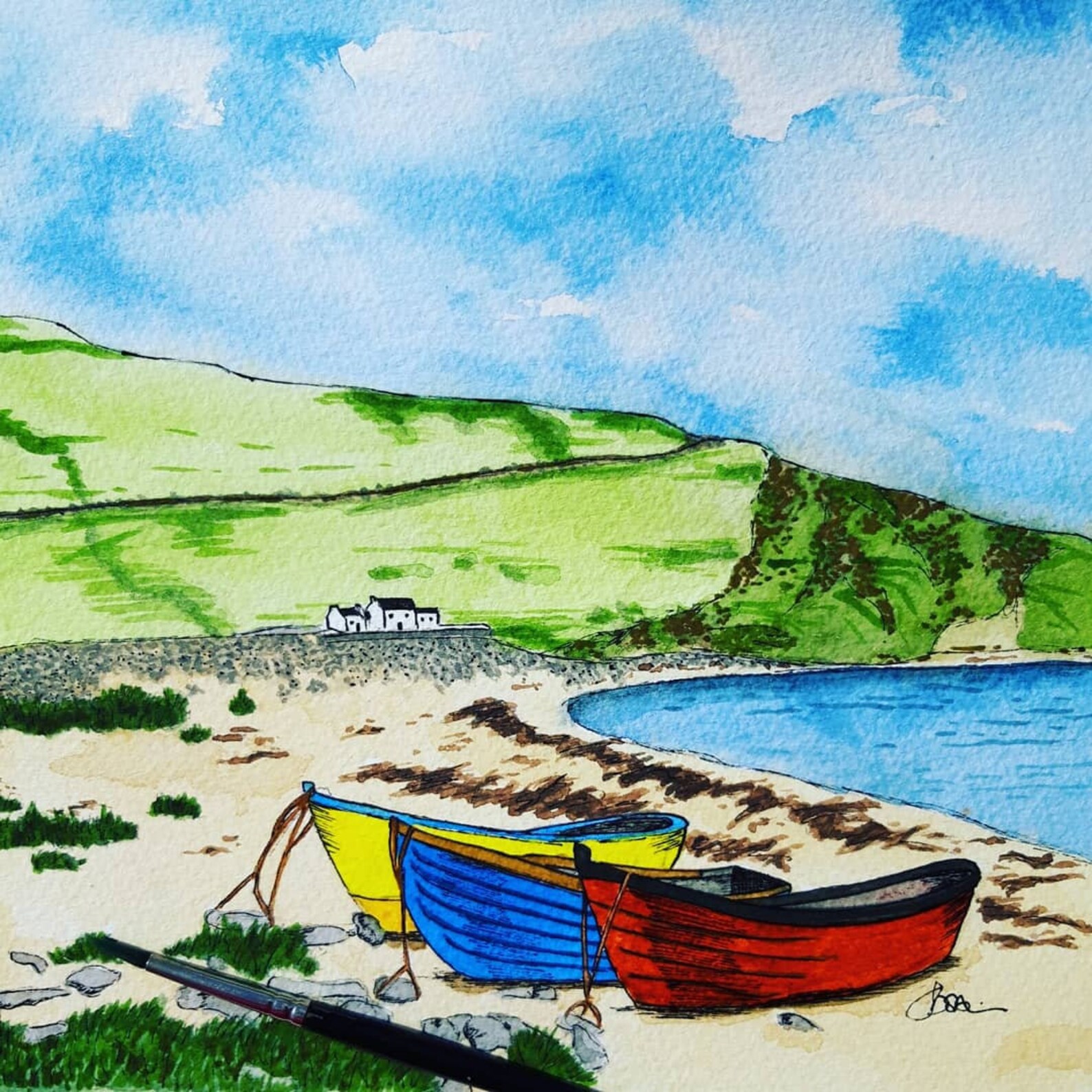 Original Beachscape Painting. Watercolour Seascape, Landscape/fishing ...