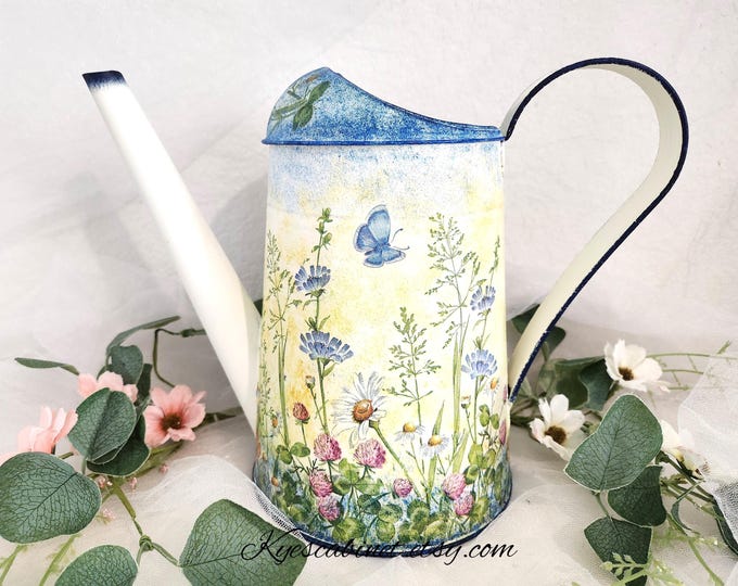 Metal Watering Can Decoupage "spring Wild Flowers", Hand Painted ...