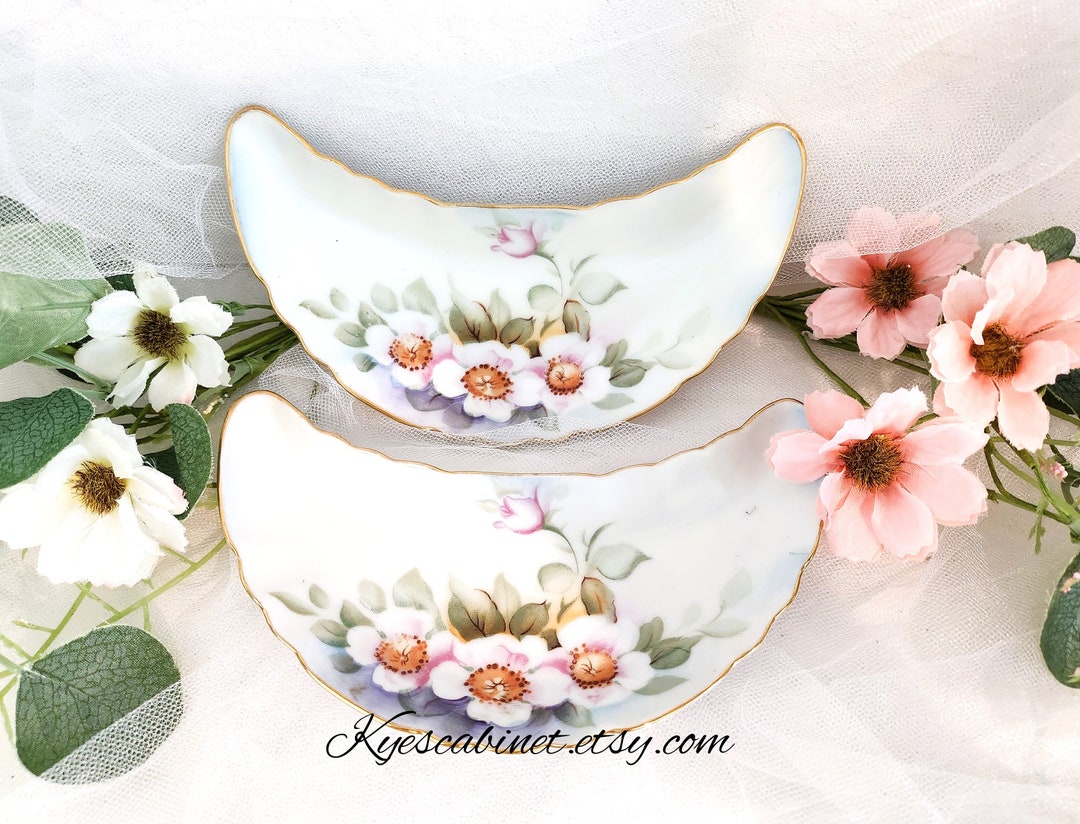 Lefton China Crescent Bone Dishes: Magnolia Floral Side Plates, Set of ...