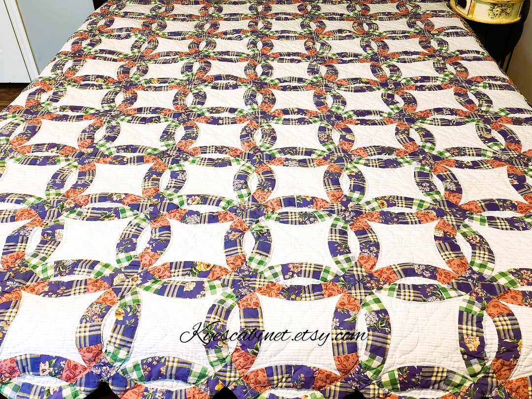 Vintage Double Wedding Ring Quilt 92 X 82 Inch, Homemade Hand Quilted ...