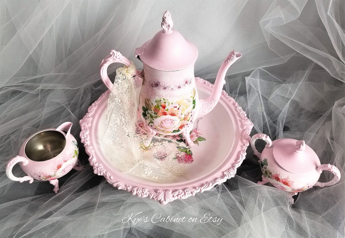 Hand Painted Shabby Pink Silver Plated Teapot Set with Footed | Etsy