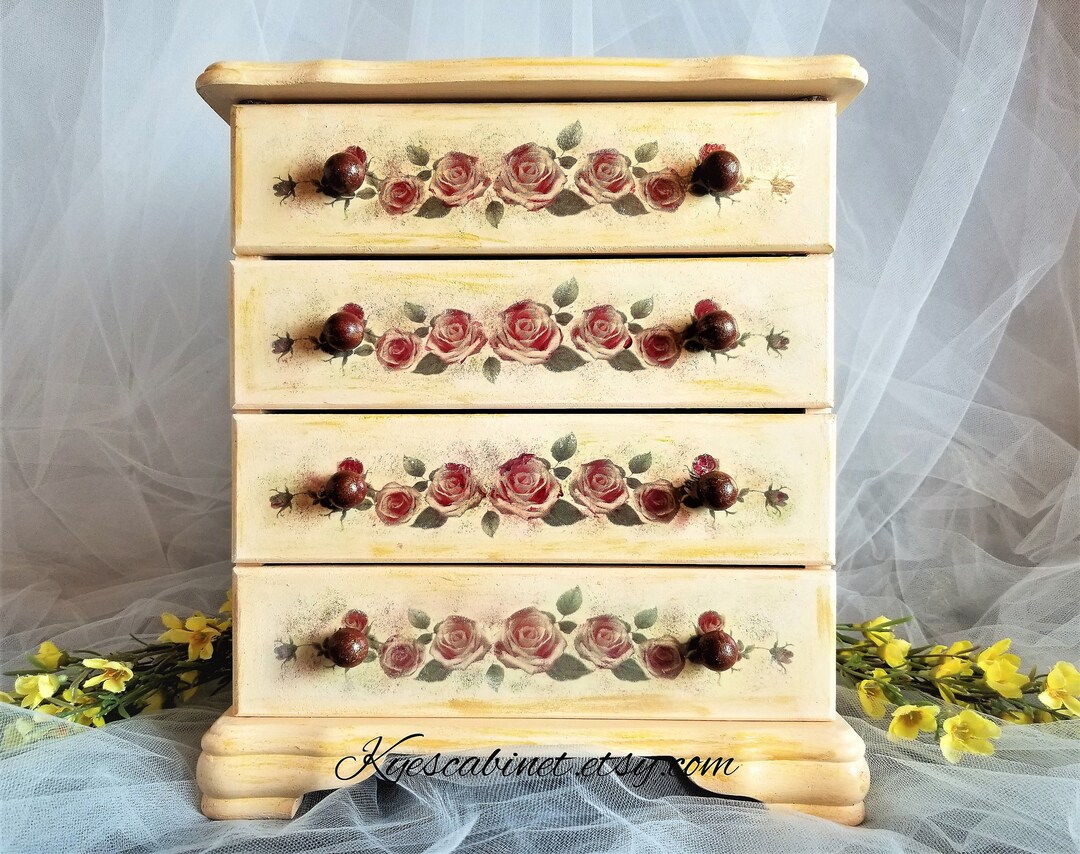 Jewelry Box Decoupage vintage Roses, Hand Painted Jewelry Box, Upcycled ...