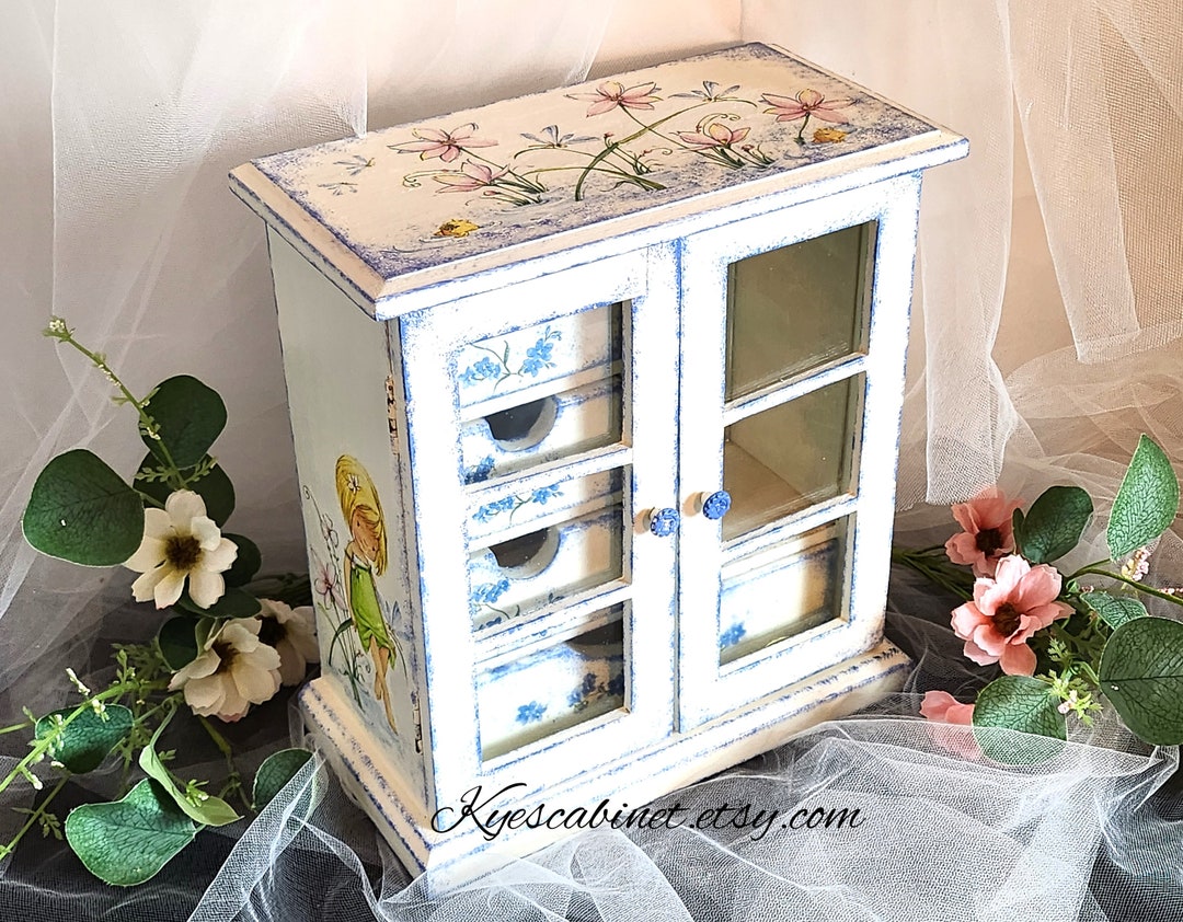 Girl's Blue Jewelry Box, Jewelry Box Decoupage cute Little Girl, Hand ...