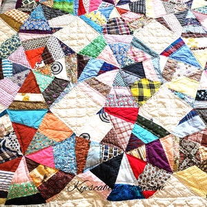 Vintage Patchwork Quilt With Octagon Pattern, Homemade Farmhouse Quilt ...