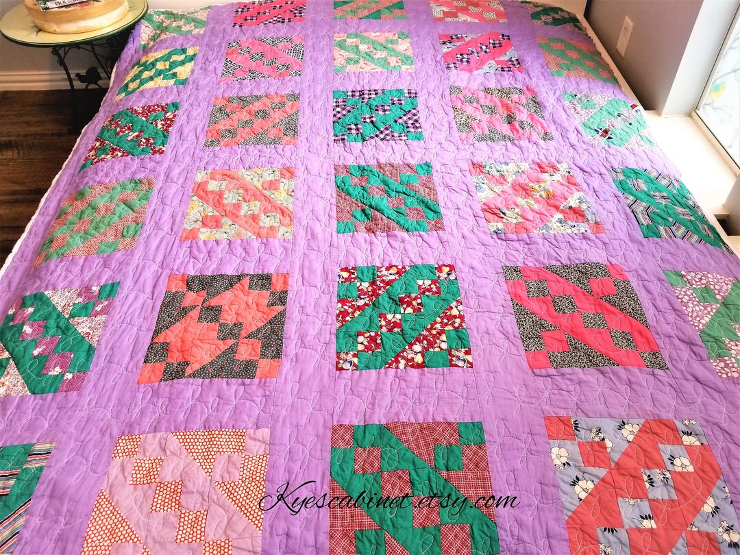 Vintage Diamond Patch Homemade Quilt 70 X 81 Inch, Machine Stitched Hand Quilted Full Size Bed ...