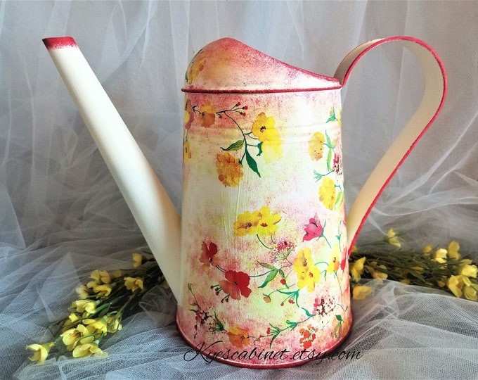 Metal Watering Can Decoupage "watercolor Flowers", Hand Painted ...
