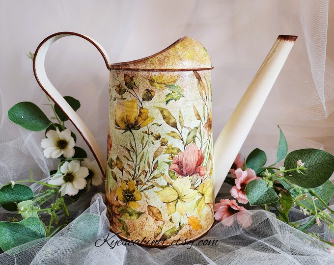 Metal Watering Can Decoupage "fall Flowers", Hand Painted Watering ...
