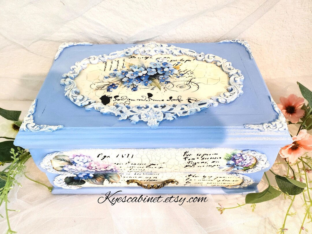 Blue Hydrangea Decoupage Jewelry Box: Shabby Chic Hand Painted Storage ...