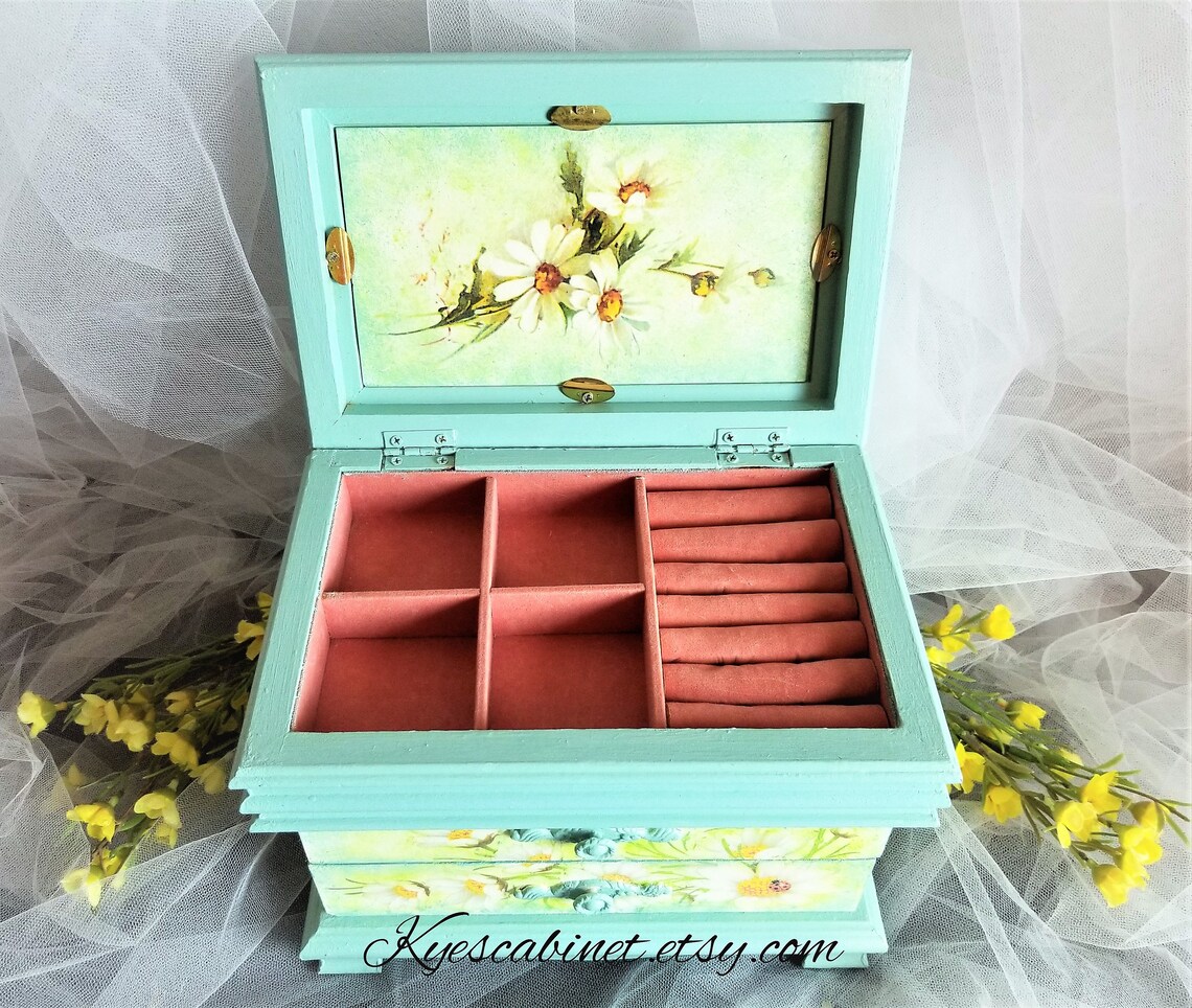 Hand Painted Footed Jewelry Box White Daisy Decoupage Girls - Etsy