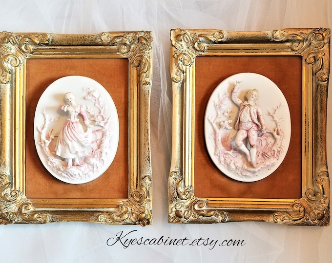 Fair of Framed 3D Victorian Couple Porcelain Wall Art, Baroque Style ...