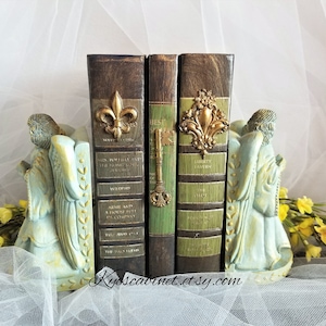 Angel Bookends Holding Bible, Hand Painted Golden Blue Angel Bookends ...