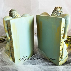 Angel Bookends Holding Bible, Hand Painted Golden Blue Angel Bookends ...