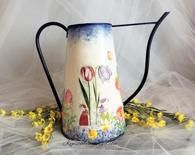 Indoor Watering Can Decoupage "flower Fairy Garden", Hand Painted Metal ...