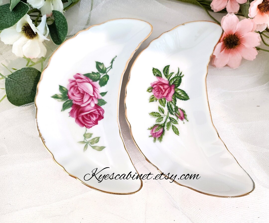 Pair of Crescent Shaped Dish, Red Roses Design Side Plates, Two Bone ...